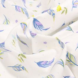 Tissu Coton Bio Plume's sur fond Blanc - Par 10 cm